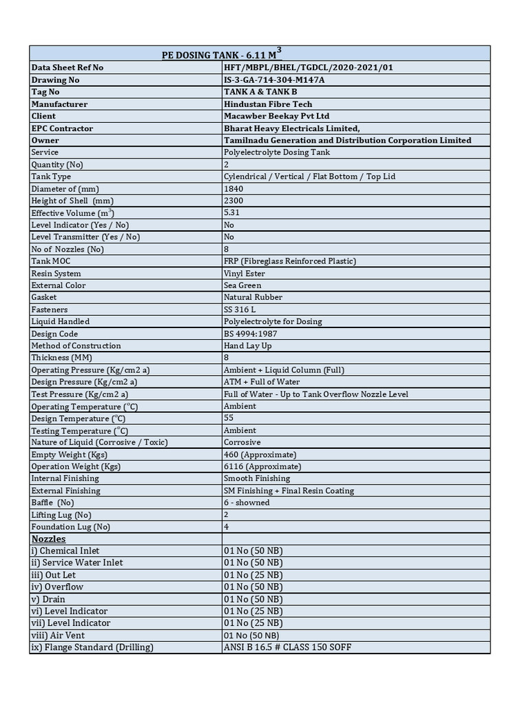 Data Sheet - 5.0 KL FRP PE Dosing Tank | PDF | Fibre Reinforced Plastic ...