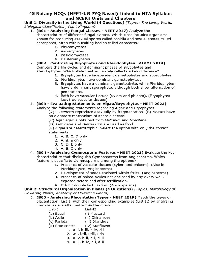 45 Botany MCQs PYQ Based Per NTA Syllabus NCERT Units Chapters Balanced ...