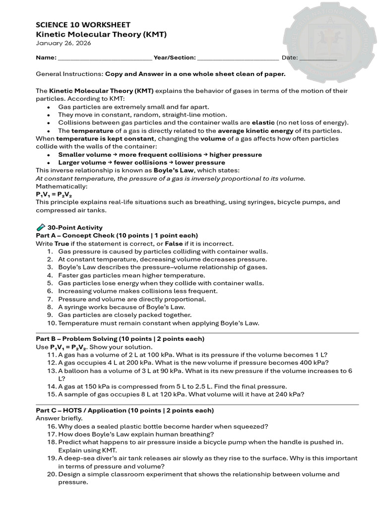 WSHEET012626Q4 Kenetic Molecular Theory | PDF | Gases | Pressure