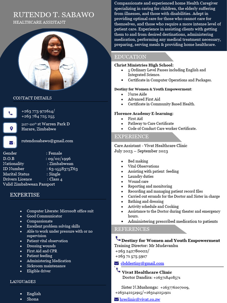 Healthcare Assistant CV for R Tamara Sabawo | PDF | Health Care ...