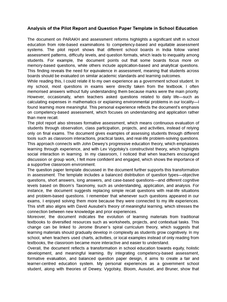 Analysis of the Pilot Report and Question Paper Template in School ...
