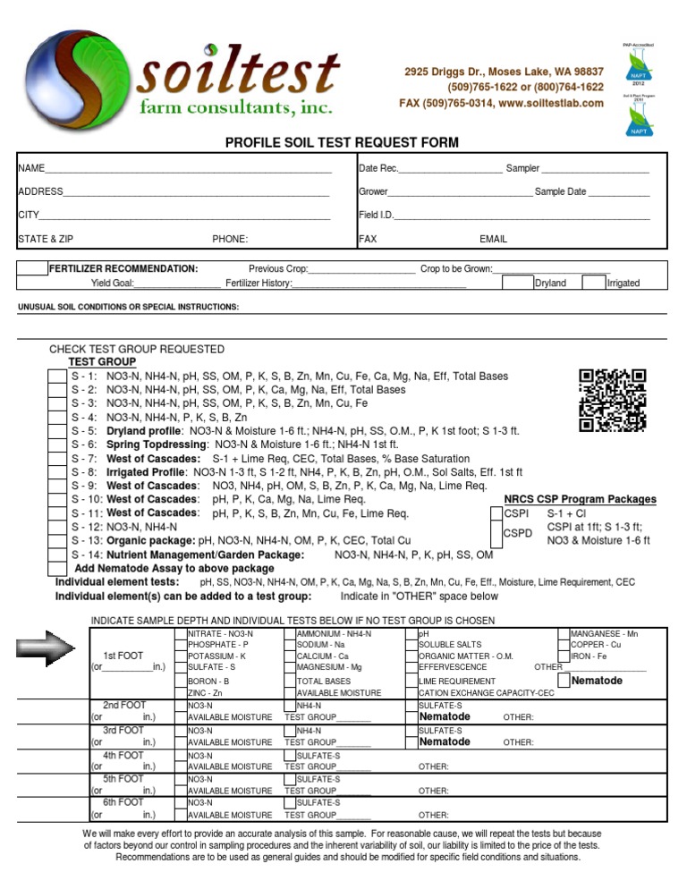 Soil Test Request Form for Analysis | PDF