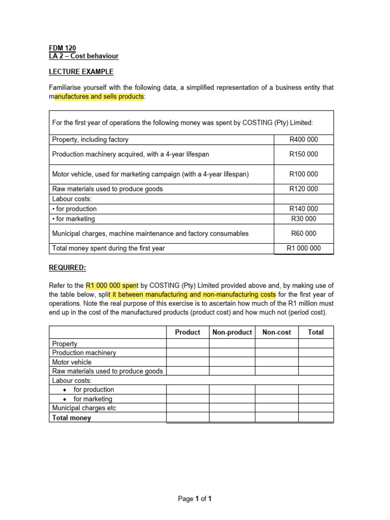 2023 FDM 120_Lecture Example_LA 2_Cost Behaviour | PDF