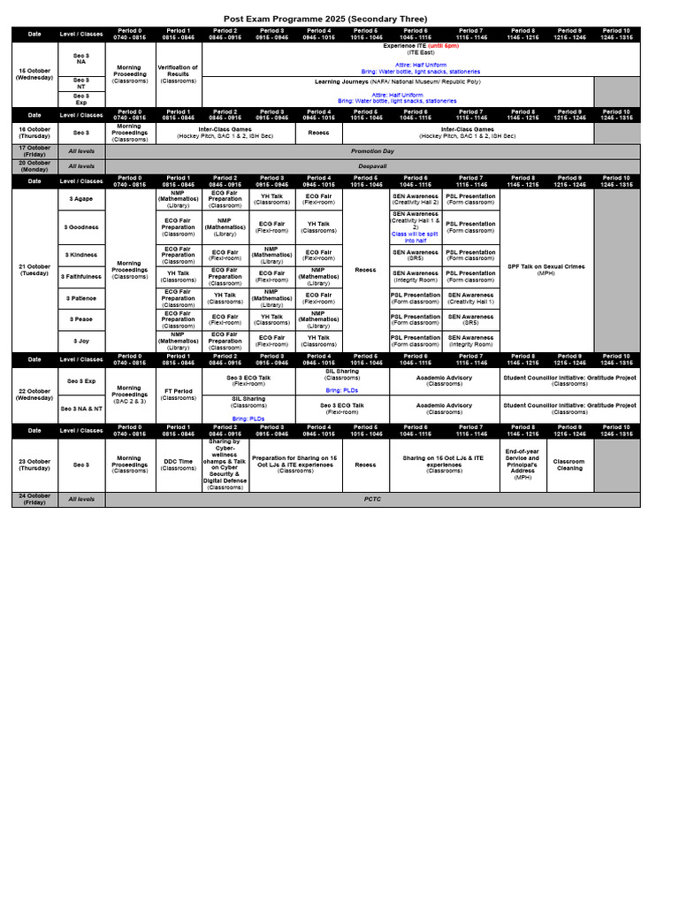 2025 Post Exam Schedule (by Levels) - Sec 3_20260202_152705 | PDF