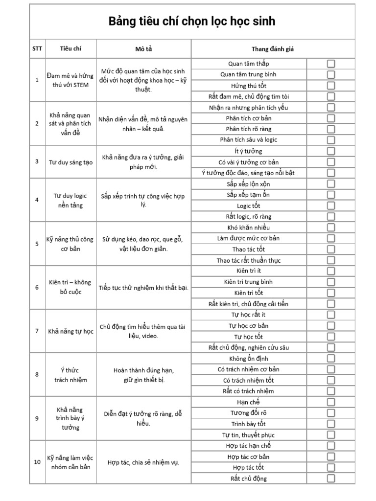 STEM - Criteria - Horizontal - Sheet 1 | PDF
