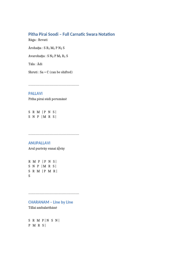 Pitha Pirai Soodi FULL Carnatic Swara Notation-1 | PDF