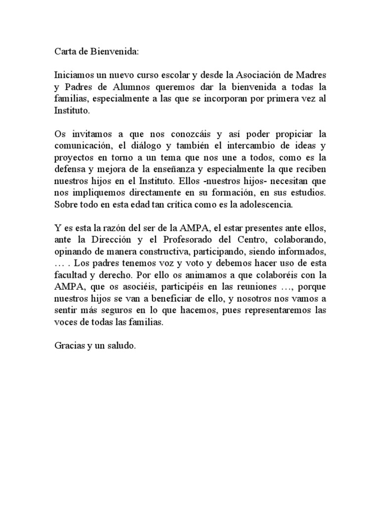 Carta De Bienvenida A La Primera Reunión Familiar