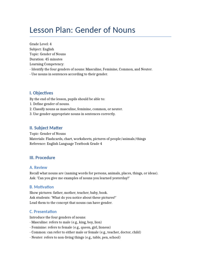 Lesson Plan Grade4 Gender of Nouns | PDF