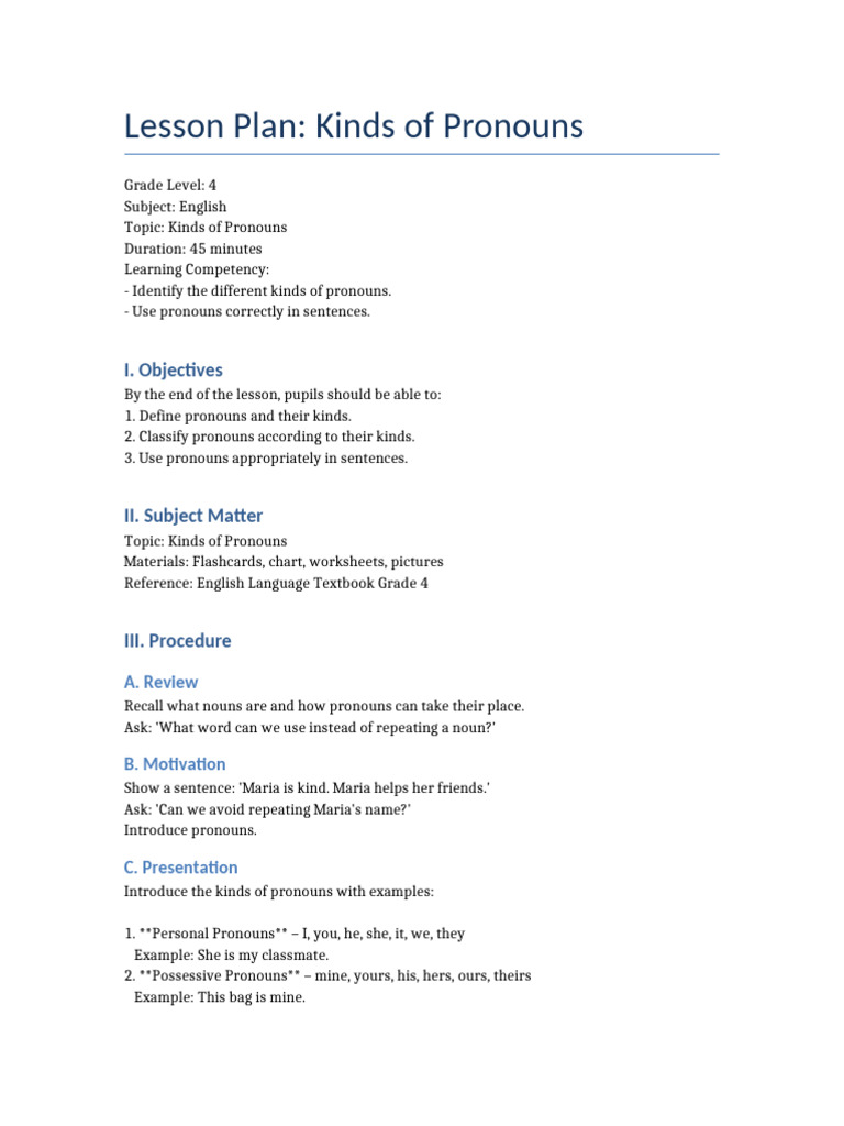 Lesson Plan Grade4 Kinds of Pronouns (1) | PDF | Pronoun | English Language
