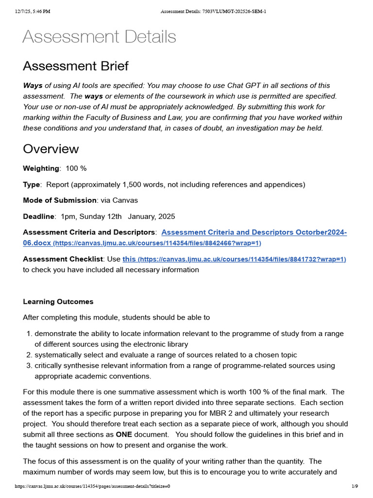 Assessment Details - 7503VLUMGT 202526 SEM 1 | PDF | Academic ...
