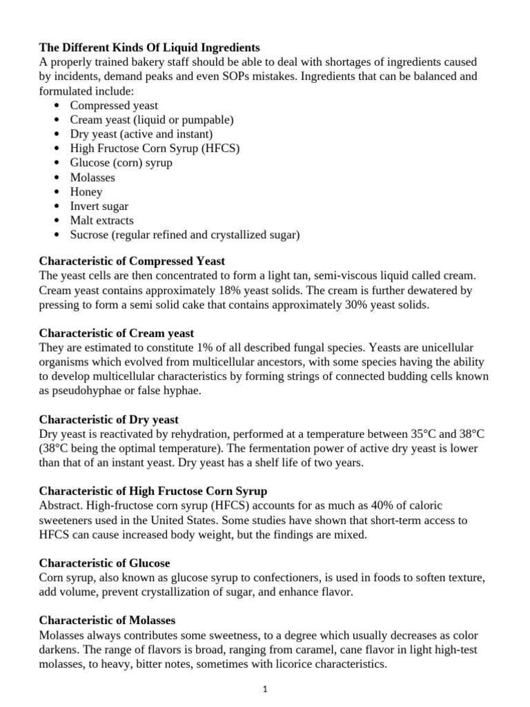 The Different Kinds of Liquid Ingredients | PDF | Yeast | Molasses