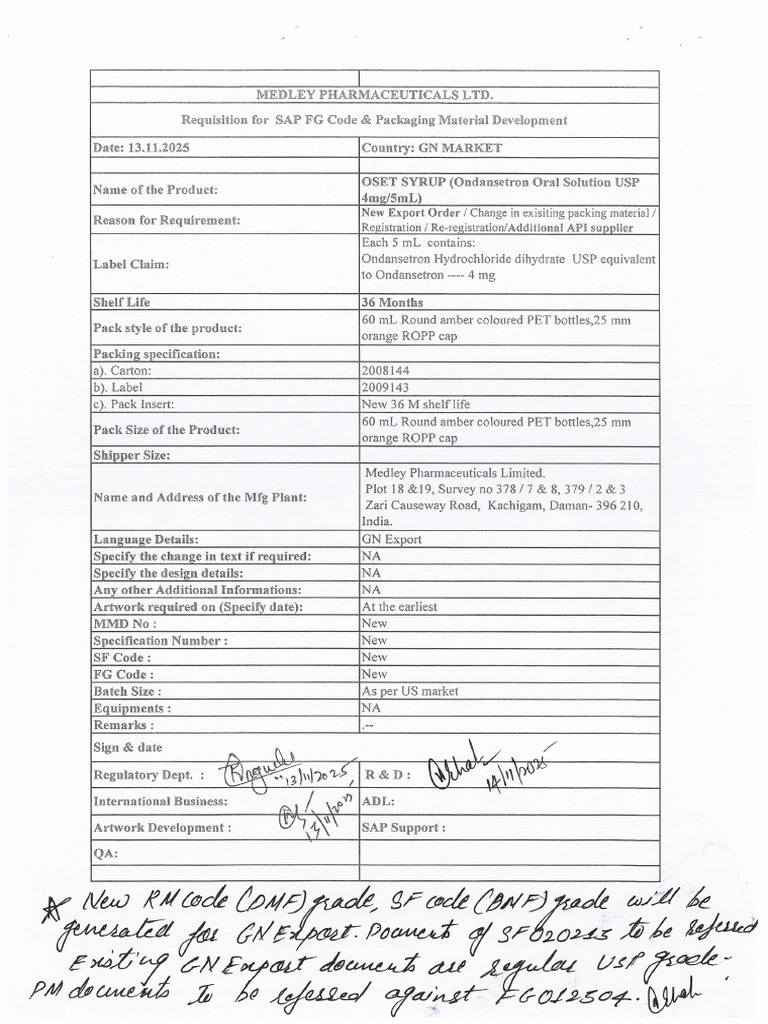 Oset Syrup - GN Export-FG Code Form | PDF