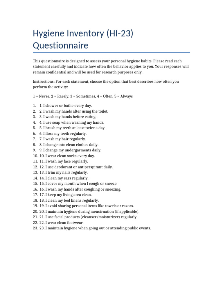 Hygiene Inventory HI23 Questionnaire | PDF