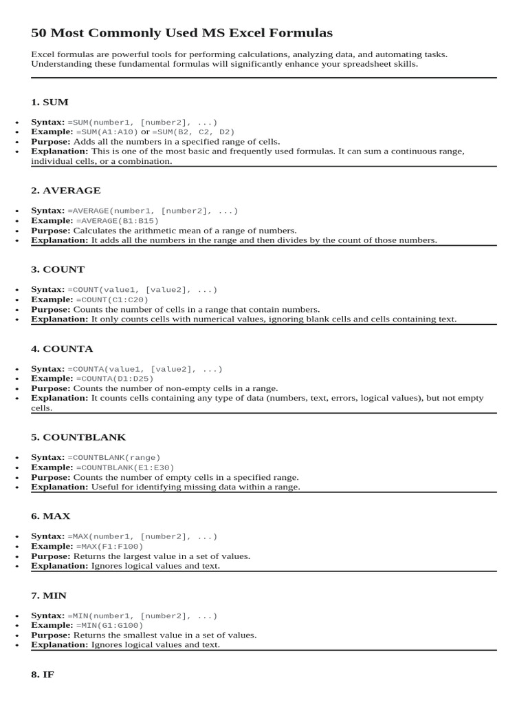 50 Most Commonly Used MS Excel Formulas | PDF | Microsoft Excel ...