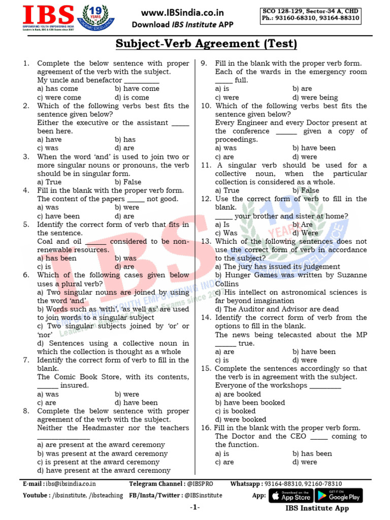 Subject Verb Agreement Test | PDF | Grammatical Number | Verb