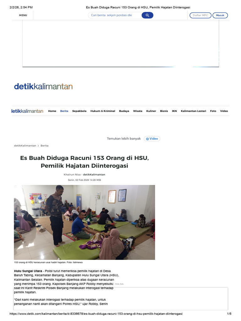 Es Buah Diduga Racuni 153 Orang Di HSU, Pemilik Hajatan Diinterogasi | PDF