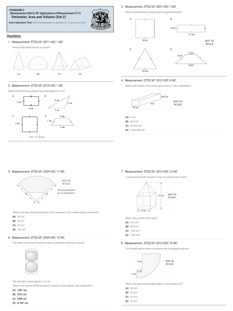 Perimeter, Area & Volume MCQ | PDF | Volume | Area