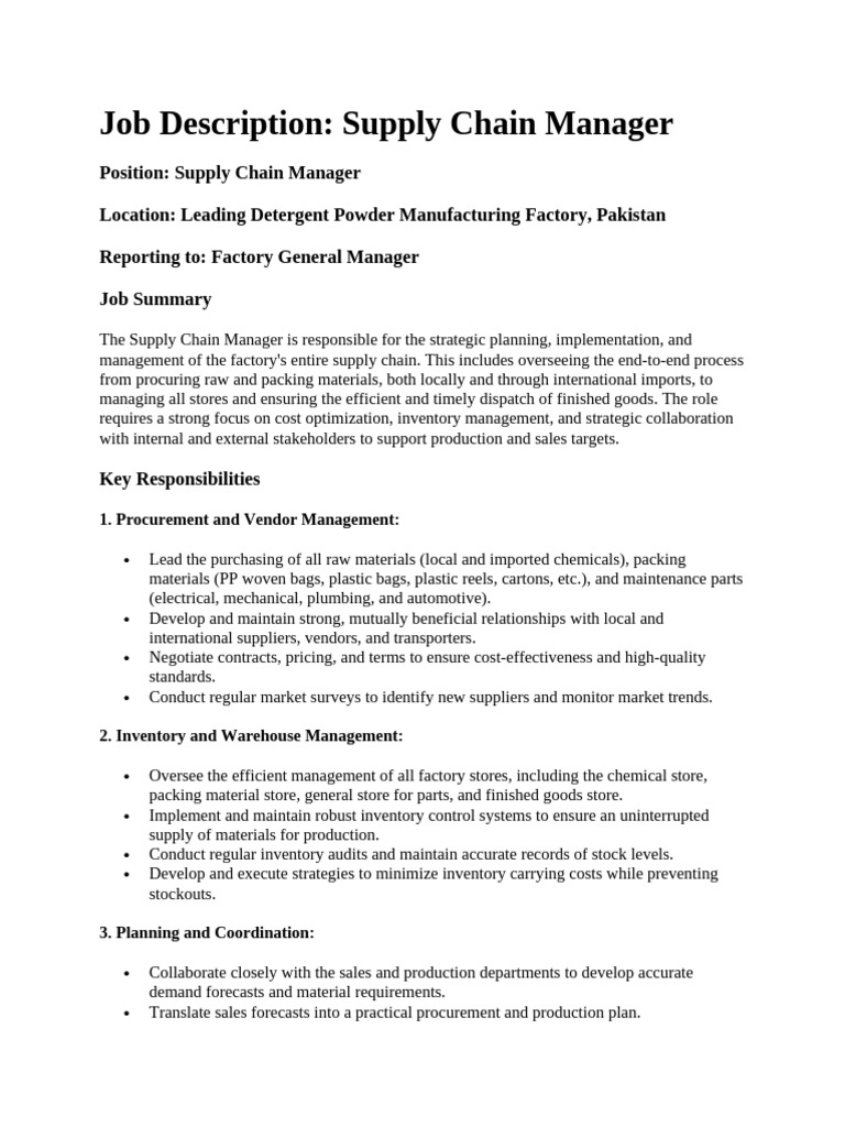 Sample JD of Supply Chain Manager | PDF | Supply Chain | Supply Chain ...