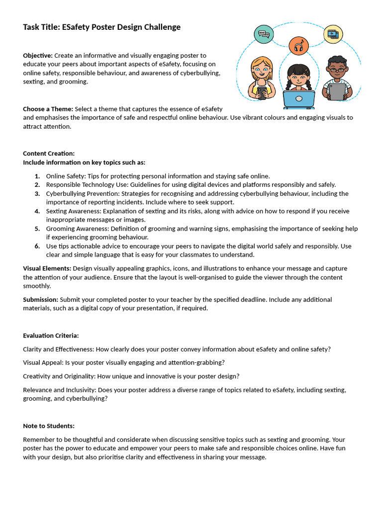 7 CAT 1_ESafety Poster Task and Rubric (1) | PDF | Safety | Cyberbullying