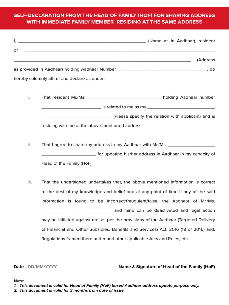 Self Declaration Form Hof Aadhara Address Change | PDF