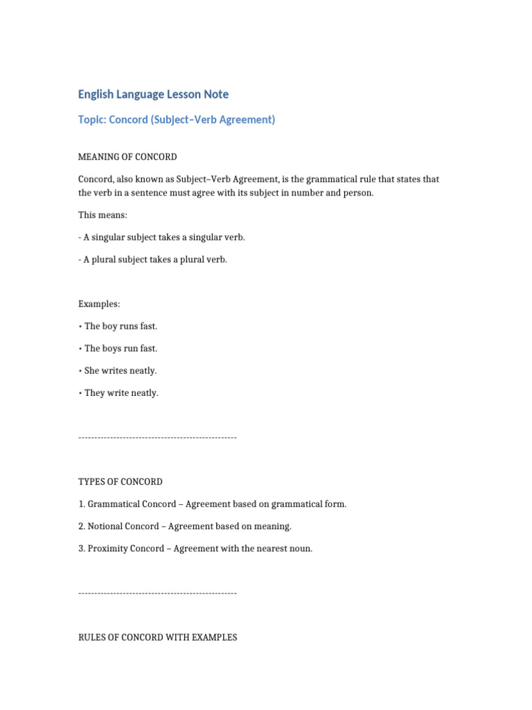 Concord Complete Lesson Note | PDF | Grammatical Number | Plural