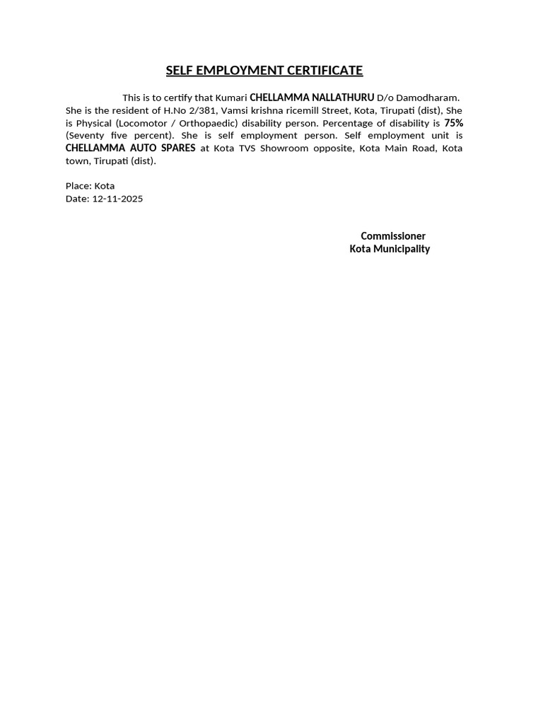 Three Wheeler Self Employment Certificate | PDF