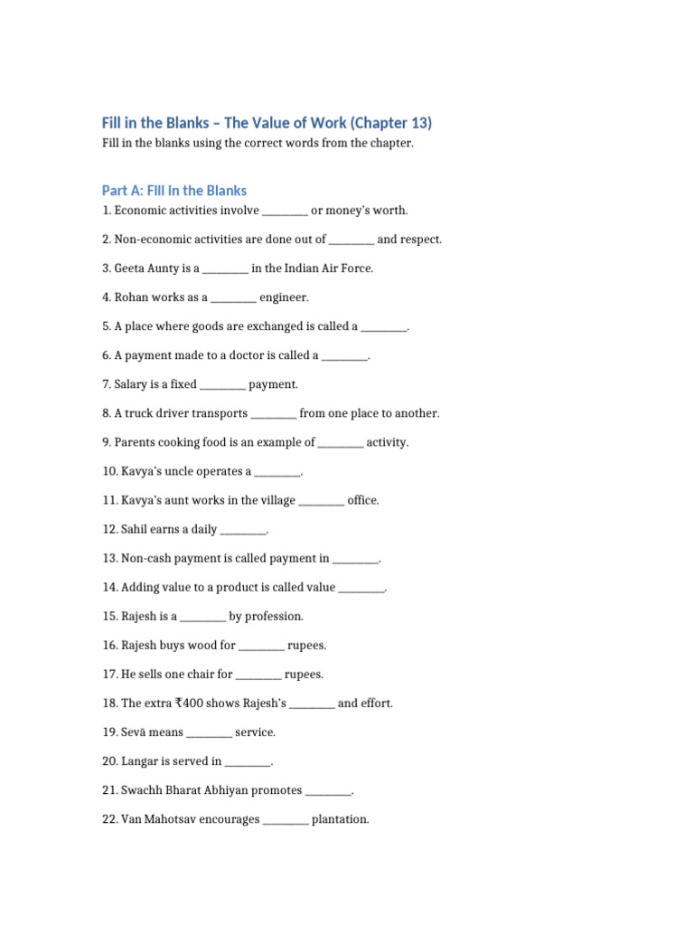 Fill in The Blanks The Value of Work With Answers | PDF