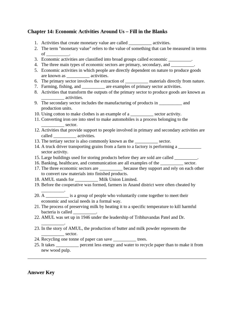 Fill in the Blanks Economic Activities Around Us Answers | PDF ...