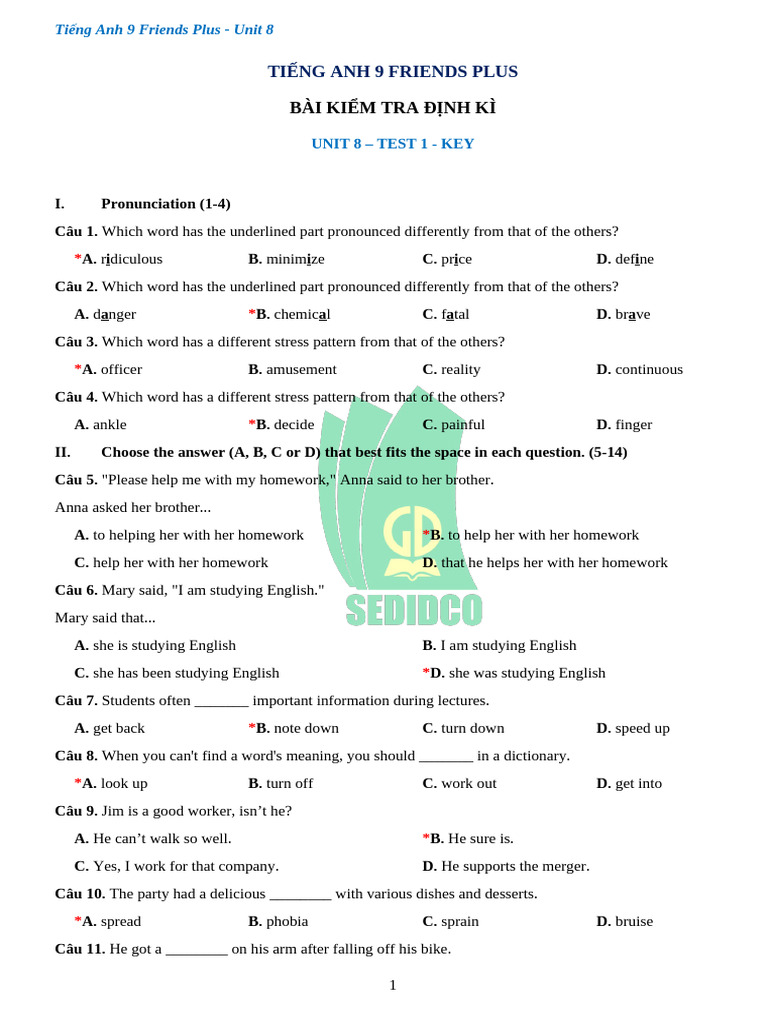 Bộ Đề Kiểm Tra Định Kỳ Tiếng Anh 9 Friends Plus_unit_8_test_1 Key | PDF