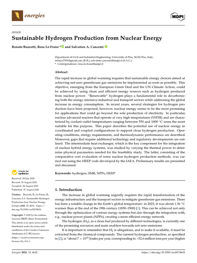 Hydrogen Production From Nuclear Energy | PDF | Nuclear Power | Nuclear ...