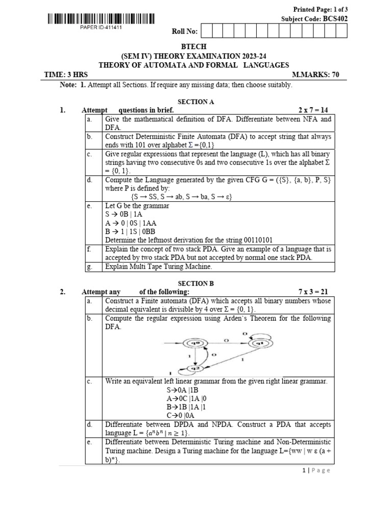 Bcs402 Theory of Automata and Formal Languages | PDF | Automata Theory ...