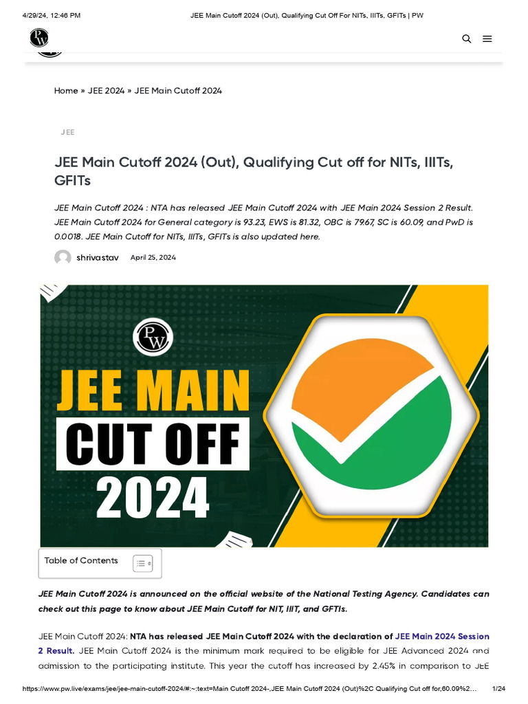 JEE Main Cutoff 2024 (Out), Qualifying Cut Off For NITs, IIITs, GFITs ...