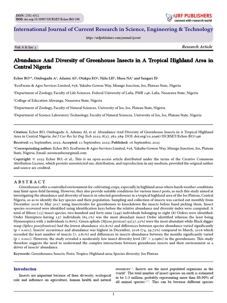 Abundance And Diversity of Greenhouse Insects in A Tropical Highland ...