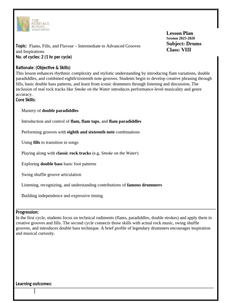 Approved Lesson Plan DRUMS GRADE VIII | PDF | Rhythm And Meter | Musicology
