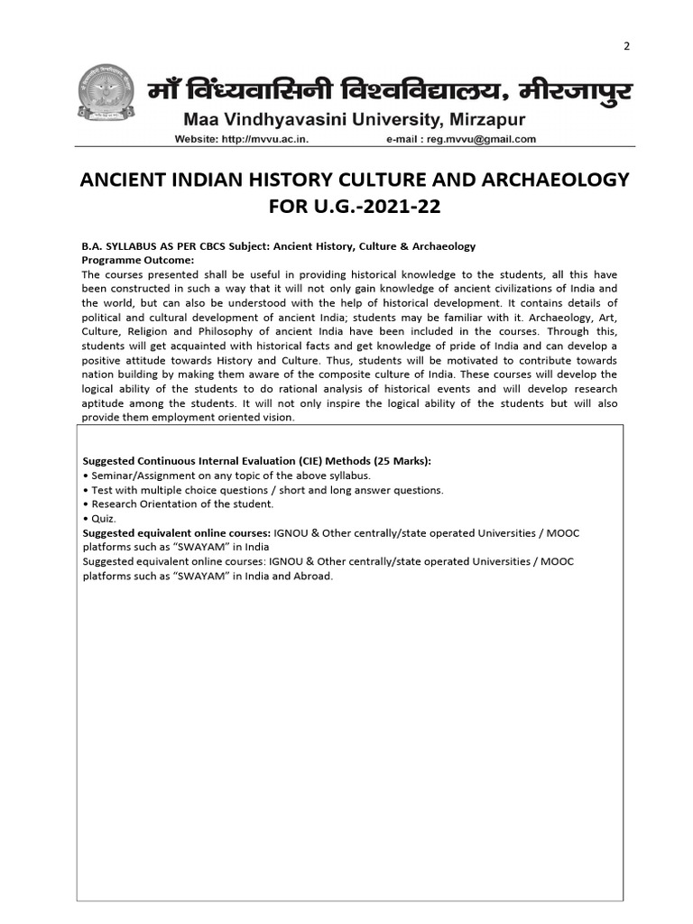 Ancient Indian History Culture and Archaeology - Major Syllabus for U.G ...
