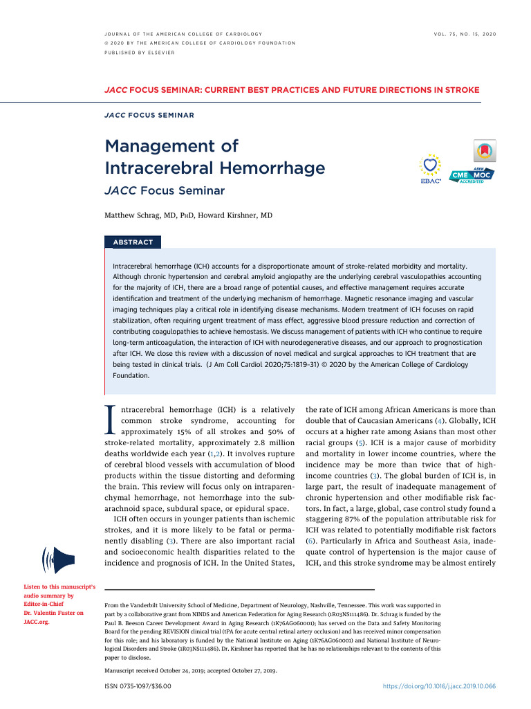 STROKE 2020 JACC Management of Intracerebral Hemorrhage | PDF | Stroke ...