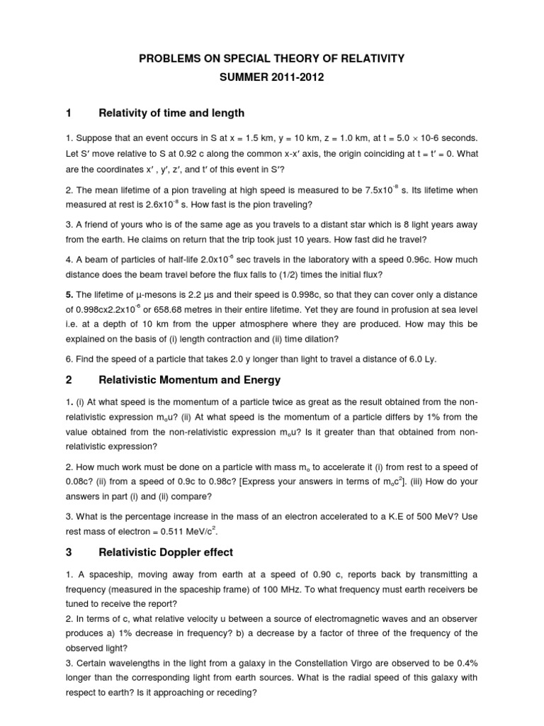 Problem Sheet of Relativity-Summer 2011-12 | PDF | Special Relativity | Electronvolt