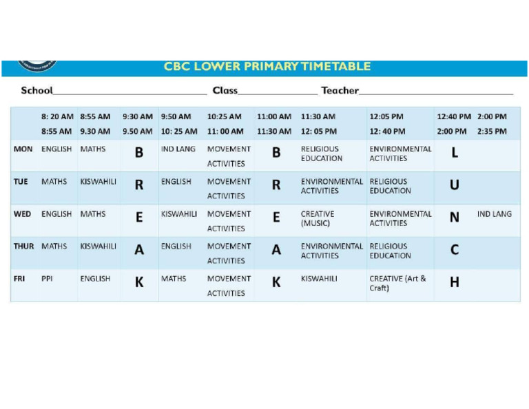 CBC Lower Primary Timetable 2026 | PDF