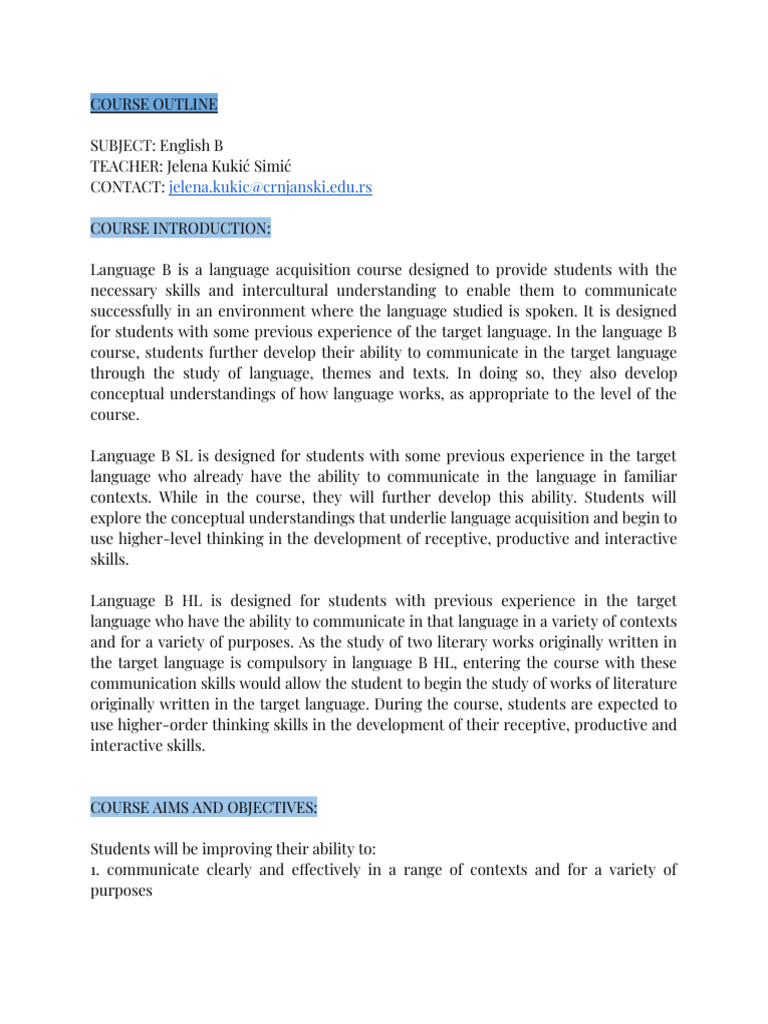 English B Course Outline New | PDF | Reading Comprehension | Translations