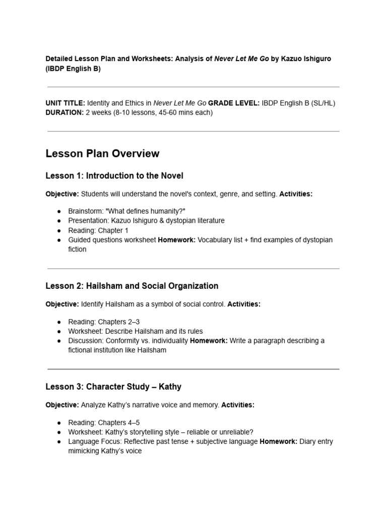 Detailed Lesson Plan and Worksheets - Analysis of Never Let Me Go by ...