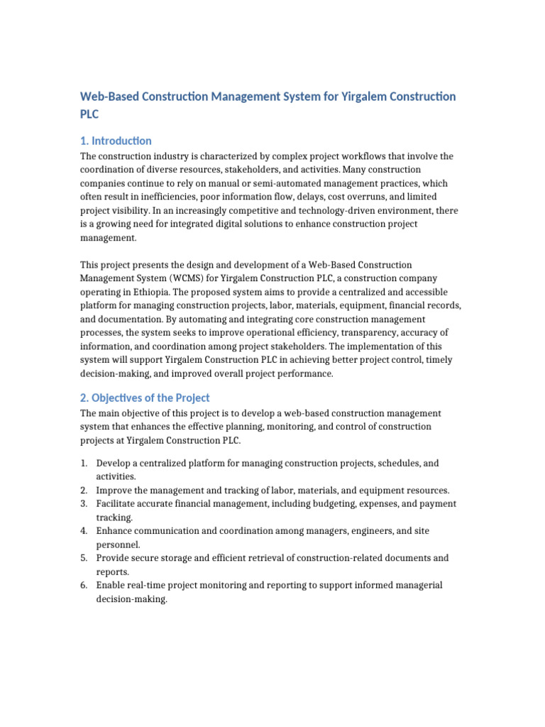 Web Based Construction Management System Yirgalem Construction PLC | PDF