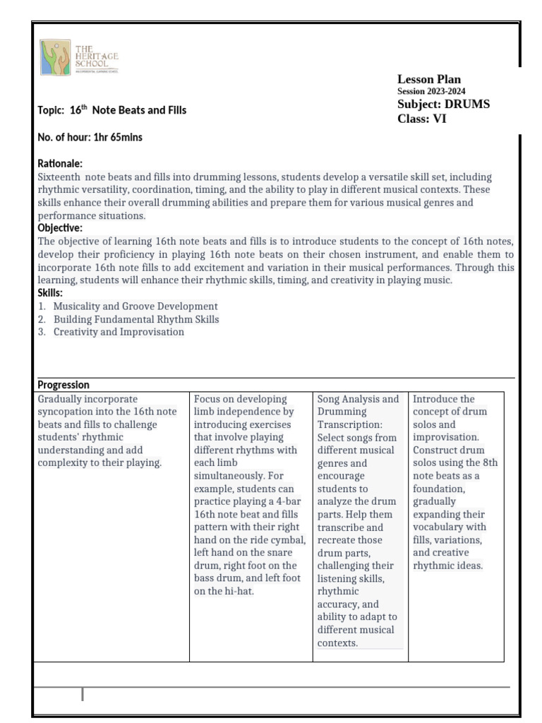 Lesson Plan Format For 16H NOTE BEATS Grade 8 | PDF | Rhythm | Musicology