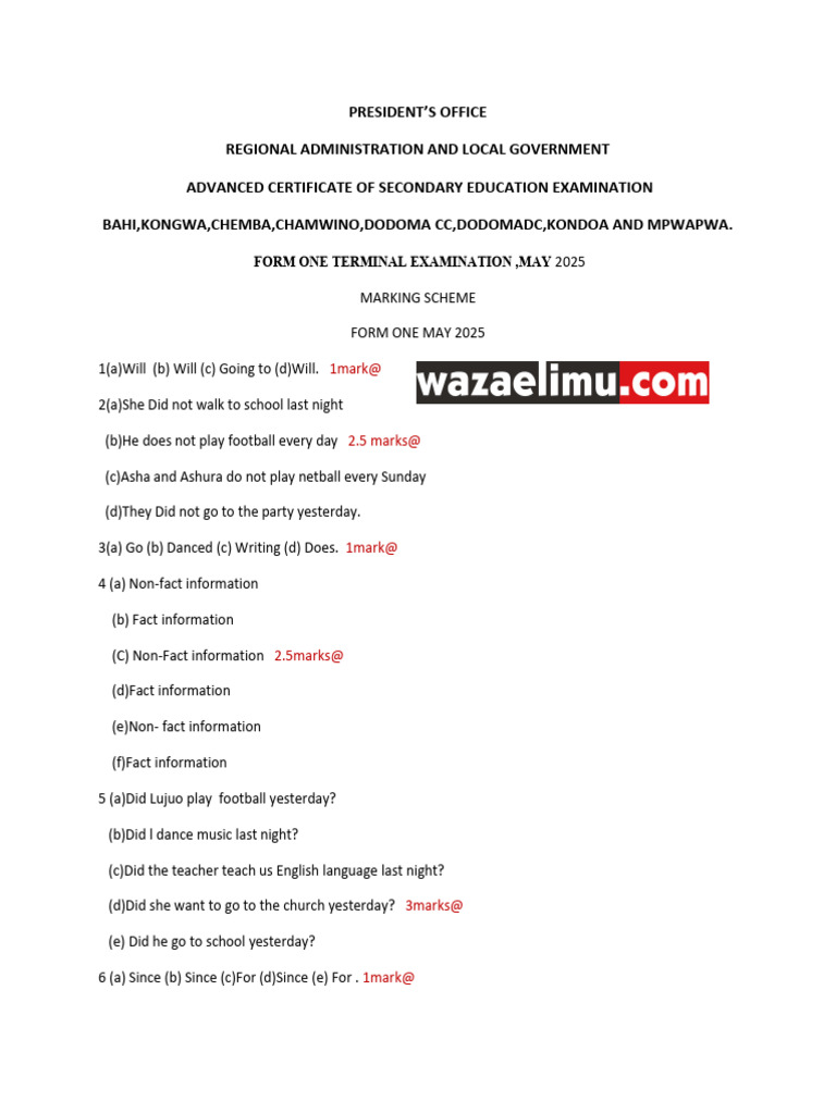 f1 English Ms Terminal - Wazaelimu.com 2025 | PDF