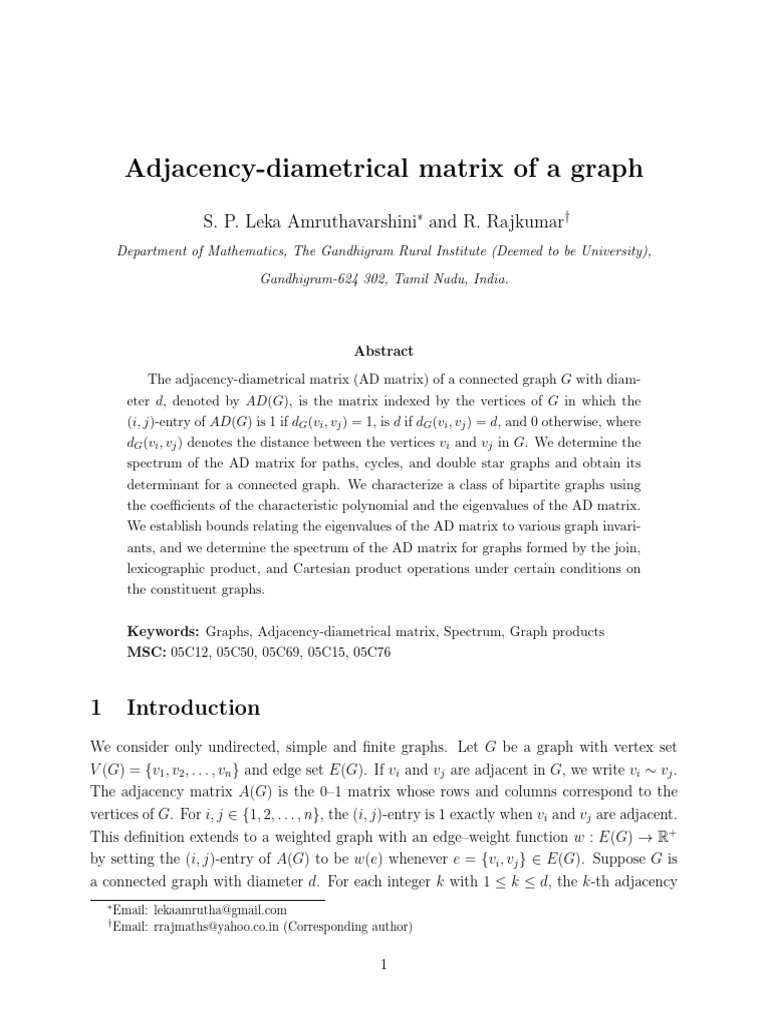 Adjacency-diametrical Matrix of a Graph | PDF | Eigenvalues And ...