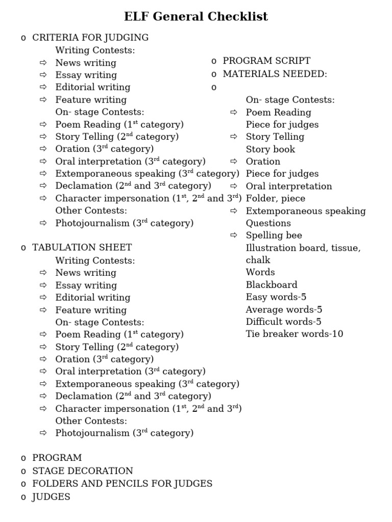 ELF General Checklist | PDF