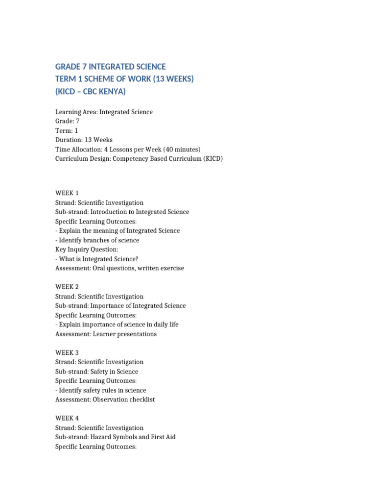 Grade 7 Integrated Science Term 1 Scheme of Work 13 Weeks With Midterm ...