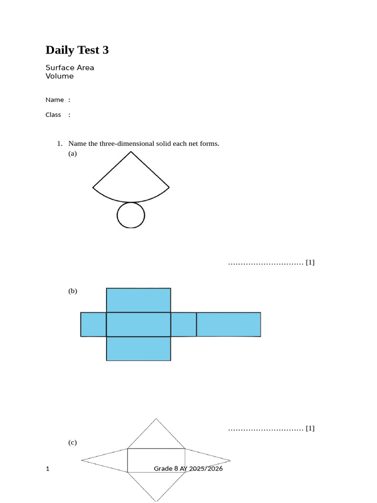 Daily Test 3 Math Grade 8 AY 25 | PDF | Area | Volume