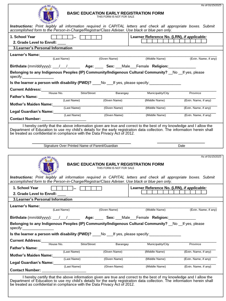 Early Reg Form 2025 | PDF