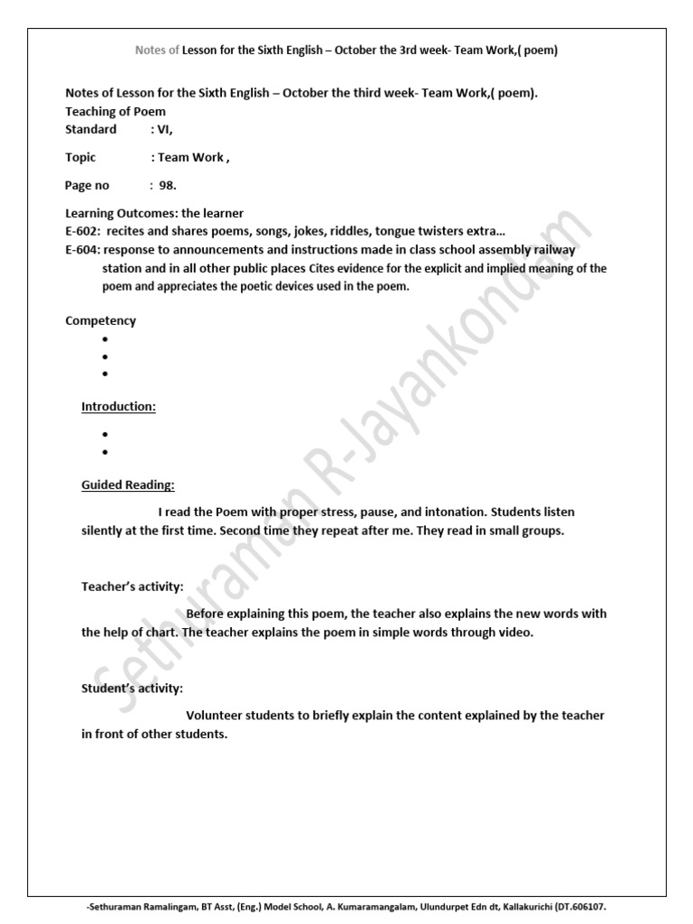 Notes of Lesson for the Sixth English – October the 3rd week- Team Work ...
