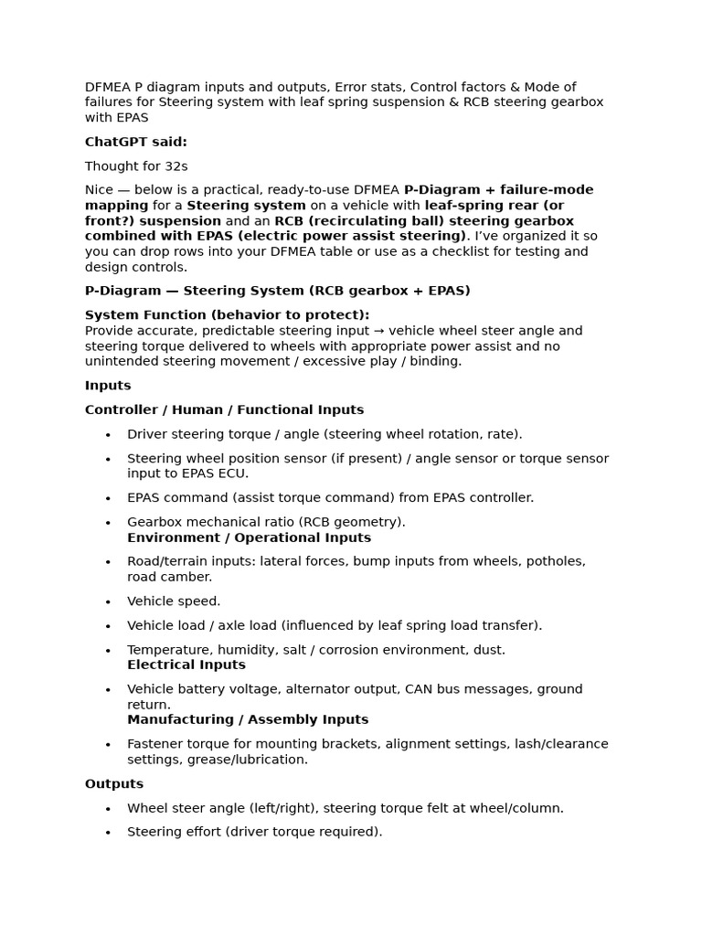 DFMEA P Diagram Inputs and Outputs Steering System | PDF | Steering ...